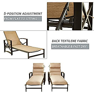 Festival Depot 2 Pieces Patio Outdoor Chaise Lounge Recliner Chairs with Cushions Set Premium Fabric Metal Frame Furniture Garden Bistro Soft Headrests (Khaki)