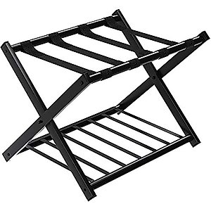 GOFLAME Folding Luggage Rack Metal Suitcase Luggage Stand for Home Bedroom Hotel with Shelf, Black
