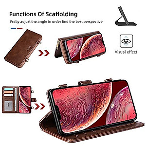 QIXIU for iPhone 12 Pro Max Wallet Case, Multi-Function Wallet Case, Detachable 3 in 1 Magnetic iPhone 12 Pro Max Case Wallet, Flip Strap Zipper Card Holder Phone Case with Shoulder Straps(Brown)