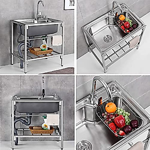 Stainless Steel Utility Sink Free Standing Single Bowl Commercial Restaurant Kitchen Sink w/ Storage Shelve Laundry tub for Indoor Outdoor Garage Backyard 27.9x18.5in 1
