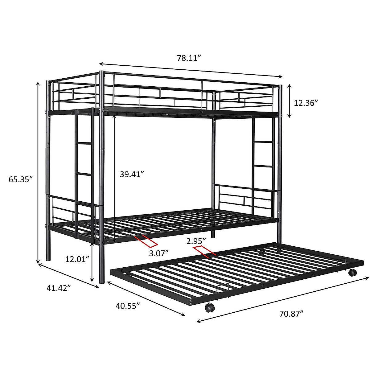 CALABASH Twin Over Twin Metal Bunk Bed with Trundle Heavy Duty Twin Size Bunk Beds Frame with 2 Side Ladders,Bunkbed with Safety Guardrails for Adults,Boys,Girls (New Black)