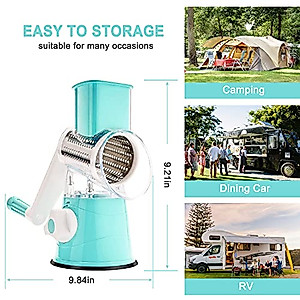 3rd Generation Rotary Cheese Grater, Mandoline Vegetable Slicer with 3 Replacement Blades, Easy to Clean Rotary Shredder for Fruit, Vegetables, Red (Blue)