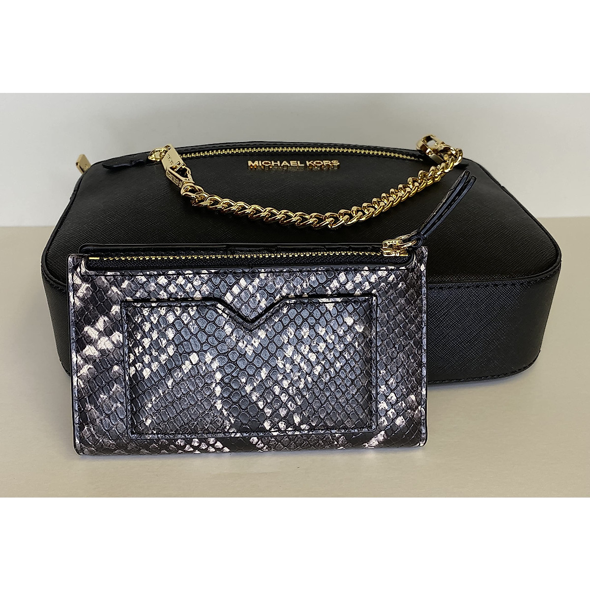 MICHAEL Michael Kors Jet Set Large Crossbody Bag bundled with Jet Set Travel SM Zip Card Case Wallet (Black/Python Embossed)