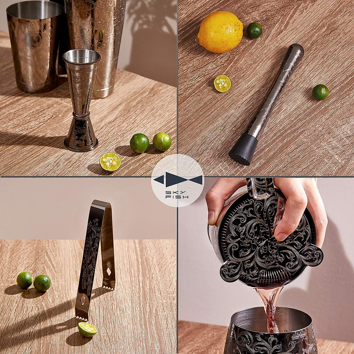 SKY FISH Bartender Kit Cocktail Shaker Set-7 Pieces Stainless Steel Black Plated Etching Bar Tools with Boston Shaker Tins,Mixing Spoon,Mojito Muddler,Japanese Double Jigger,Hawthorne Strainer