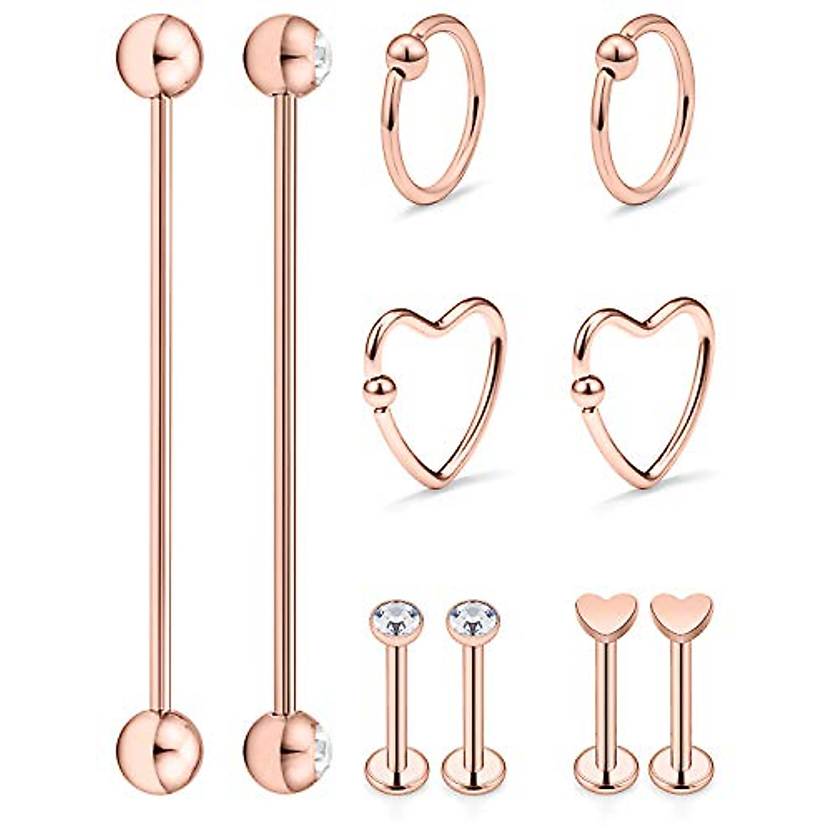 Hoeudjo 10pcs 16G 14G Surgical Steel Industrial Barbell Cartilage Earrings Hoop Helix Tragus Stud Labret Lip Medusa Monroe Rings Piercing Jewelry for Women Men Rose Gold