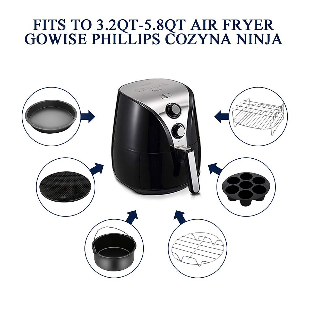 Air Fryer Accessories 9PCS for Gowise Gourmia Cozyna Ninja Air Fryer, Fit all 3.7QT - 5.8QT Power Deep Hot Air Fryer with 7 Inch Cake Barrel, Pizza Pan, Cupcake Pan, Oven Mitts, Skewer Rack,