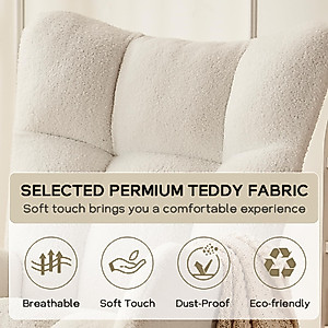 Sudwesto Modern Nursery Rocking Chair, Upholstered Glider Chair with High Backrest, Rocker Accent Armchair with Solid Wood Legs for Nursery Bedroom Living Room (Cold White Teddy)