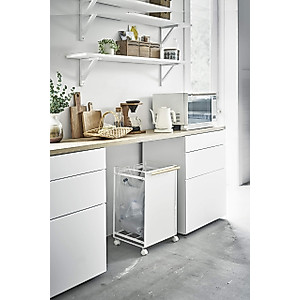 Yamazaki Home Concealed Rolling Sorter-Garbage Storage Basket On Wheels | Steel + Wood | Trash Can-Kitchen, One Size, White