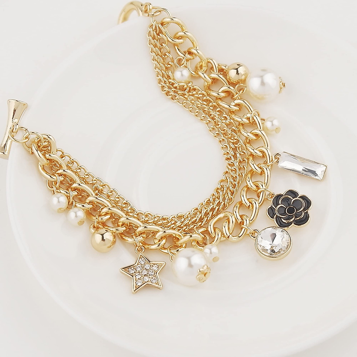 Fashion Jewelry designer inspired statement gold tone chain boho chic charm bracelet for women (Clover)