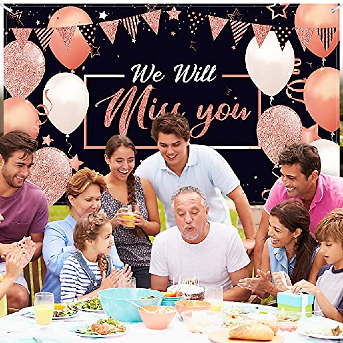 We Will Miss You Party Decorations, Extra Large Going Away Party Backdrop Miss You Photography Background Banner for Farewell Anniversary Retirement Graduation Party, 72.8 x 43.3 Inch (Rose Gold)
