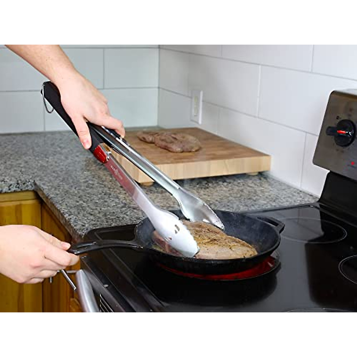 BBQ Mate Gator Grip Snake Eye Tongs - extra long 18" inch heavy duty stainless steel tongs for grilling, cooking, and barbecue