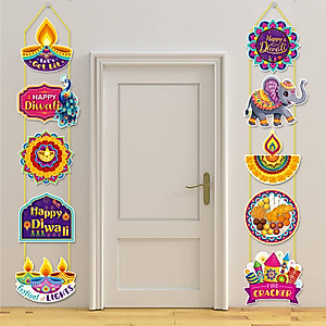 Happy Diwali Porch Sign - 2 Pieces Diwali Hanging Decoration 78 * 11.8inch Deepavali Theme Hanging Banner Diwali Home Decor Front Door Hanging Decoration Indian Peacock Hanging Sign