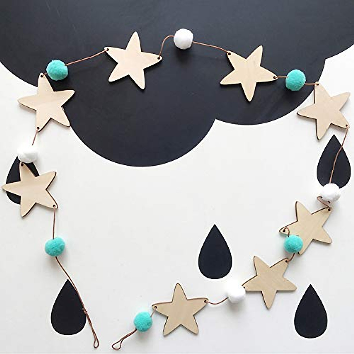 wsloftyGYd Nordic Household Wooden Star Fluffy Ball Hanging Ornament Kids Girl Room Decor Rose Red+White