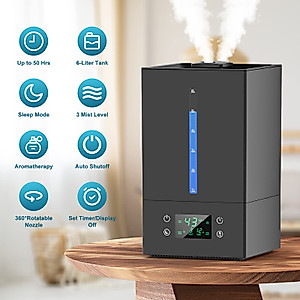 6L Humidifiers for Bedroom Large Room, Cool Mist Humidifiers for Baby Nursery Plants with Essential Oils Diffuser, 360° Rotatable Double Spray Outlet Nozzle, Auto-Shut Off, Sleep Mode,Quiet