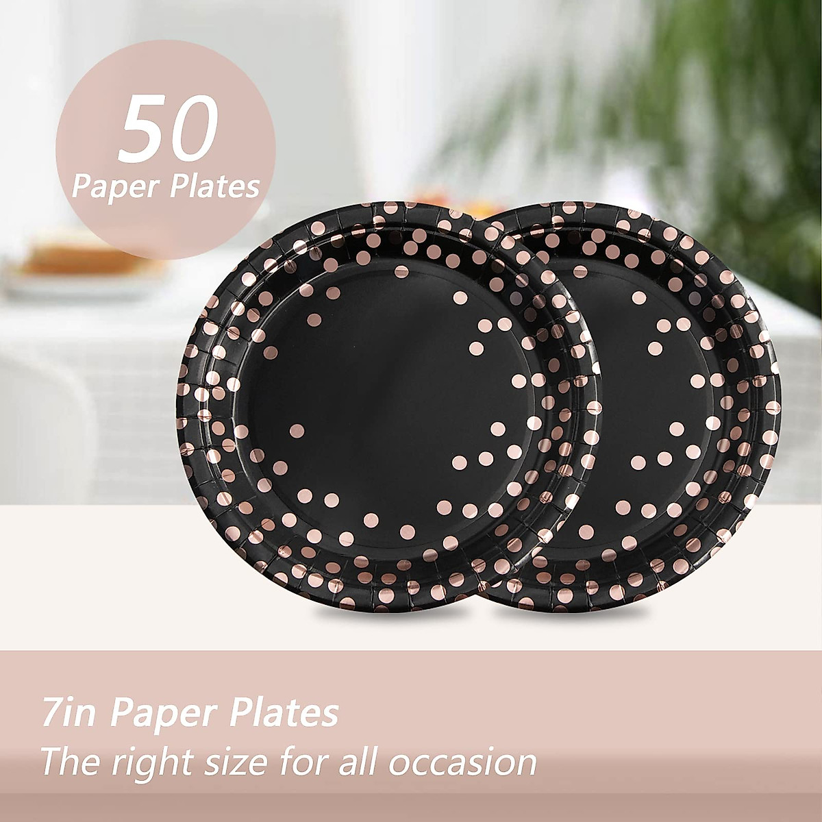 Disposable Paper Plates Round Black and Rose Gold Dots 50 x 7" Plates，Black and Rose Gold Plates Foil Polka Dots Paper Plates Party Supplies for All Occasions 50 PCS