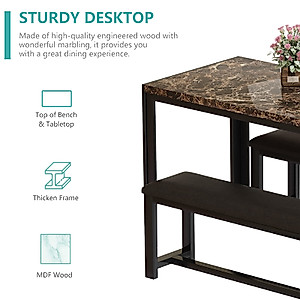 Recaceik Dining Table Set for 4, Kitchen Table and Chairs for 4, Faux Marble Dining Room Table with 2 Benches, Space Saving Dining Table and Upholstered PU Leather Bench for Small Spaces, Brown