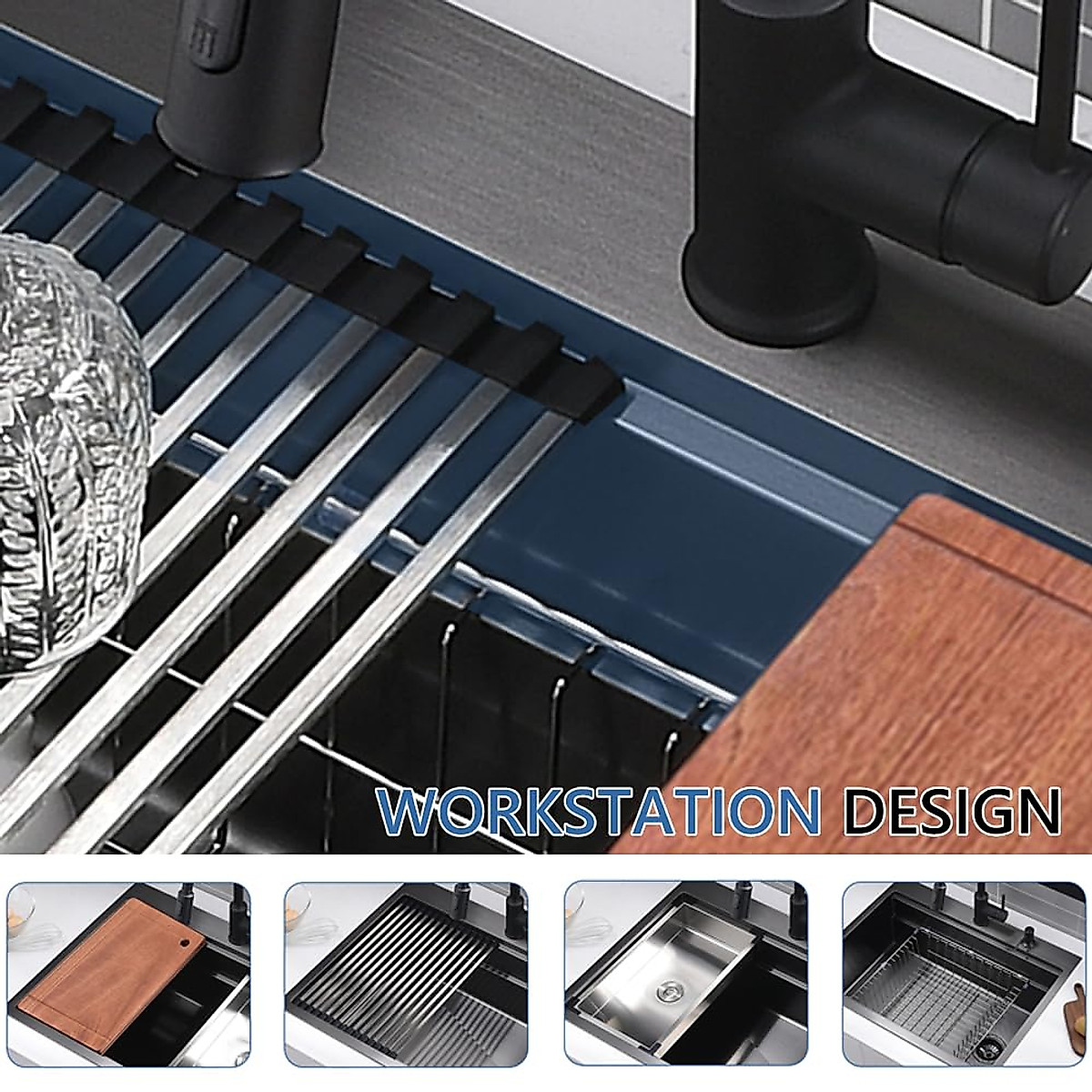 33x22 Inches Black Drop In Workstation Kitchen Sink, Gabhar 33" 16Gauge Black Stainless Steel Drop In Workstation Kitchen Sinks With Offset Drain