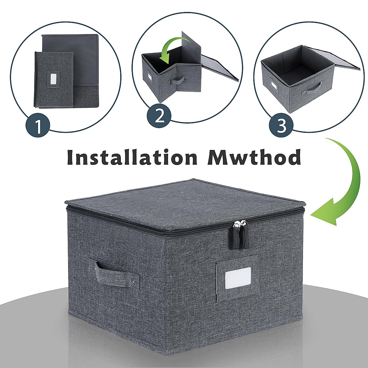 popoly China Storage Containers Inside 12" W x 8" H, Dinnerware Storage Box for Dishes Plate Storage with 24 Felt Dividers, Hold 24 Plates, Hard Shell and Stackable (2 Pack Grey)