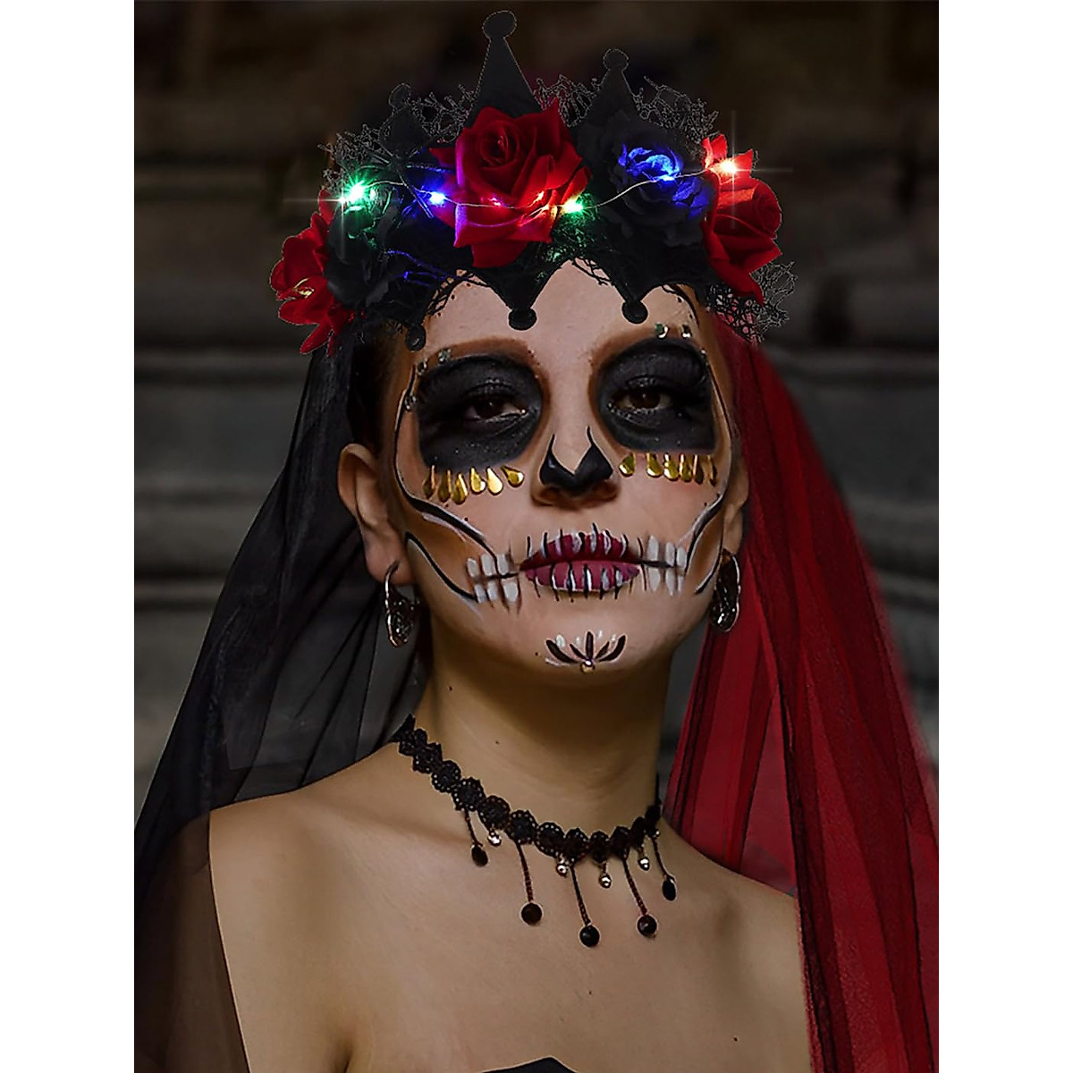 JEAIRTS Led Flower Crown Headband with Veil Day of the Dead Hair Bands Rose Mexican Floral Headpiece Gothic Costume Halloween Hair Accessories for Women and Girls