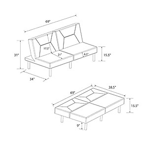 DHP Mara 69 Inch Futon Sofa Bed in Velvet Fabric, Modern Armless Upholstered Couch Sleeper for Small Spaces, Tufted Back, Gray