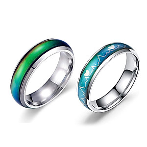 2 Pcs 6MM Comfort Fit Stainless-Steel Color Changing Heart Mood Ring Wedding Band Anniversary Promise