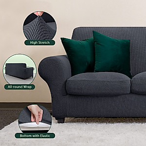 CHUN YI 3 Pieces Stretch Loveseat Sofa Cover for 2 Seater Couch, Washable Soft Sofa Slipcover with 2 Separate Seat Cushion Covers for Dogs, Checks Spandex Jacquard Fabric, Medium, Grey/Gray