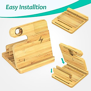 4 in 1 Bamboo Nightstand Wireless Charging Station,Can be Used as a Cell Phone Holder Wooden Desktop Organizer for AirPods, iWatch, Cell Phones, Tablets, Gifts (with Adapter)