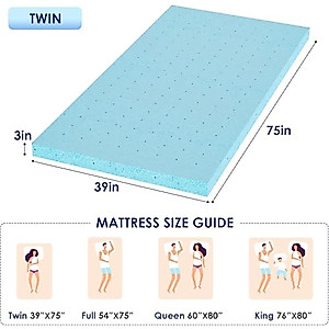 BLKMTY Twin Mattress Topper 3 Inch Ventilated Memory Foam Mattress Gel Memory Mattress Topper Breathable Soft Mattress in a Box, Blue