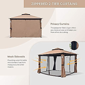 10x12 Gazebo Canopy Soft Top Outdoor Gazebo Tent 2-Tier Curtain Double Roof Vented Gazebo with Mesh, LED Lights, and Bluetooth Speakers