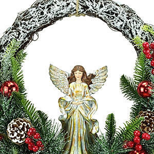 24" Angel Christmas Wreath, Artificial Holiday Wreath with Resin Angel Statue, Natural Rattan Ring & Pine Cones, Golden Leaves, Red Baubles, Spruce Branches, Snowy Pine Needles (Angel)