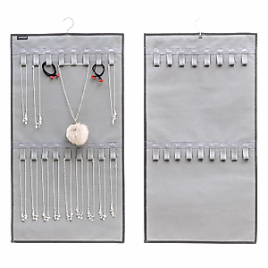 ANZORG Dual-sided Hanging Jewelry Organizer with 34 Hook Loops Wall Mounted Necklace Holder Jewelry Display Storage Hanger for Bracelet Chain (GREY)