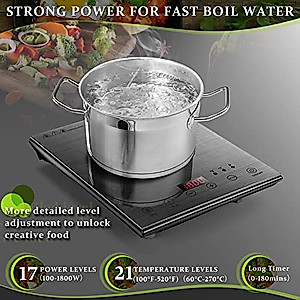 Portable Induction Cooktop, KXITGSIMRE 1800W Electric Induction Burner Cooktop with Child Safty Lock, 17 Power Levels 21 Temperature Setting, 3 Hours Timer