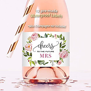Set of 12 Blush Pink Floral Bridal Shower Mini Champagne Bottle Labels, WATERPROOF Polyester Mini Wine Bottle Labels, Cheers to the Future Mrs, Bachelorette Party