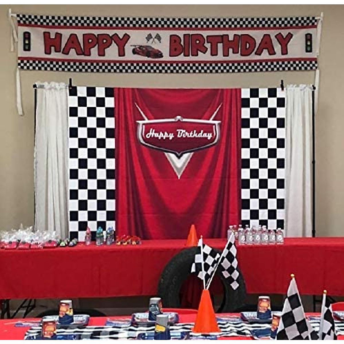 7x5ft Car Black White Grid Red Birthday Themed Backdrops Racing Flag Red Photo Backgrounds for Photography Happy Birthday Party Banner Photo Booth Props GYA
