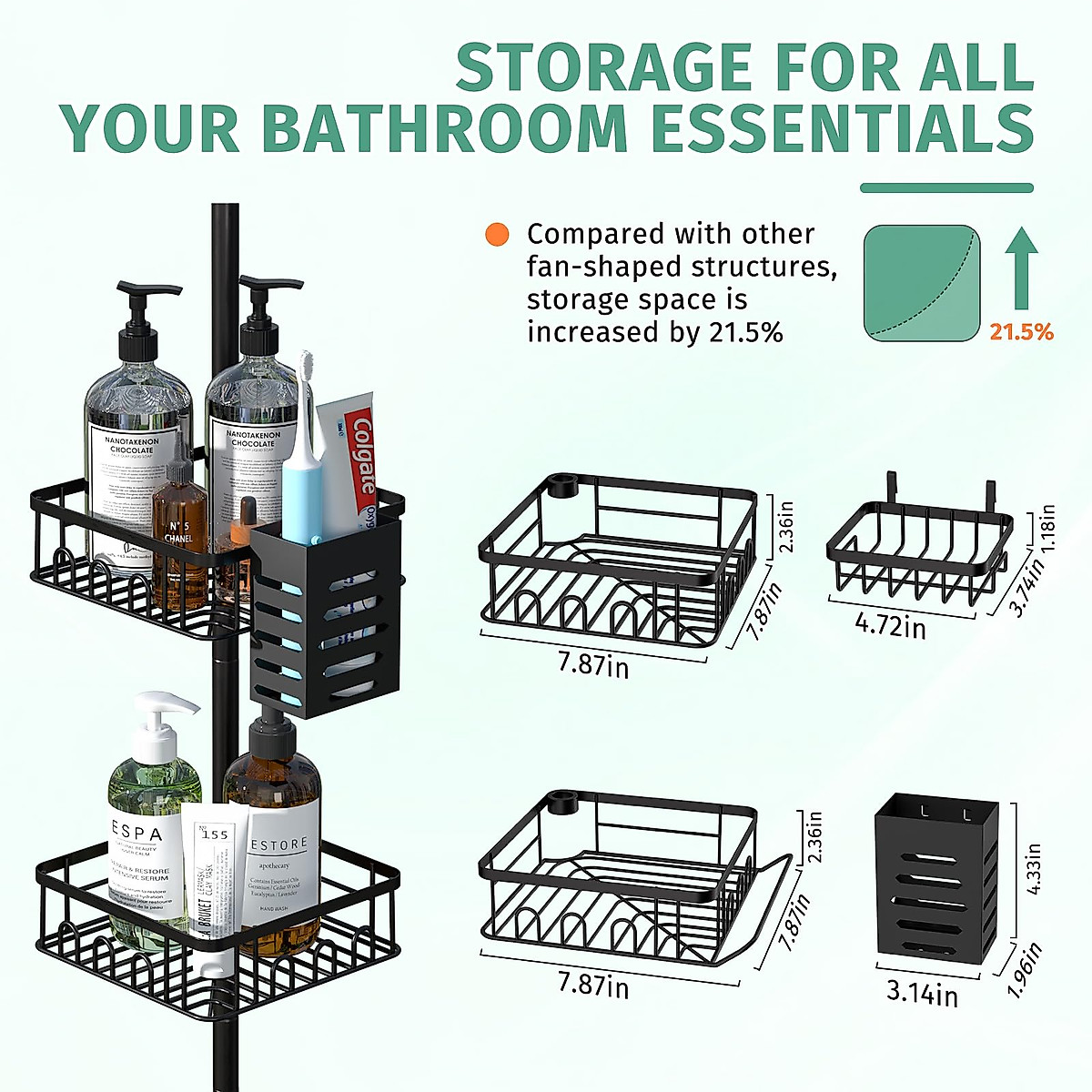 ksdenuov Corner Shower Caddy Tension, Adjustable 34-101 Inches Shower Caddy Tension Pole, 4-Tier Rust-Resistant Freestanding Shower Caddy With Rod, Suitable for Bathtub and Shower Organizer - Black