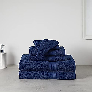 Amazon Basics 6-Piece Fade Resistant Bath towel, Hand and Washcloth Set - Cotton, Navy Blue, 14.25" L x 10.85" W