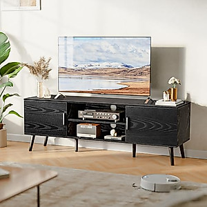 SUPERJARE TV Stand for 55 Inch TV, Entertainment Center with Adjustable Shelf, 2 Cabinets, TV Console Table, Media Console, Solid Wood Feet, Cord Holes, for Living Room, Bedroom, Black