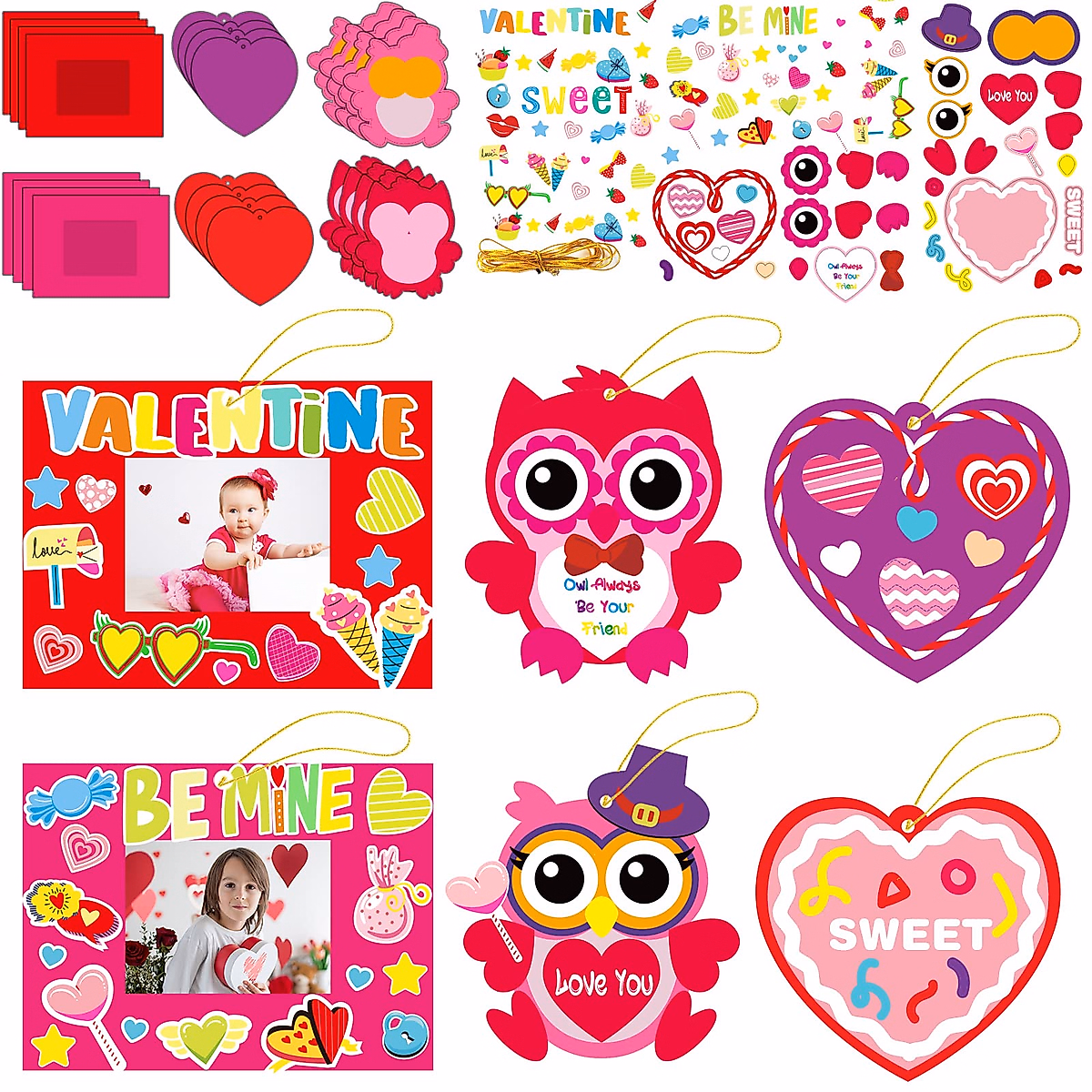 24 Packs Valentine’s Day Craft Kits for Kids Valentine’s Heart Owl Picture Frame DIY Art Craft Valentine’s Day Party Decoration Favor Home Classroom Game Activities