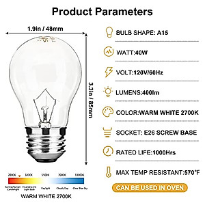Appliance Oven Light Bulb A15 40W for Refrigerator Over Stove Range Hood Microwave Lava Lamp Replacement Bulb High Temperature Resistant E26 Medium Base 120V Warm White Pack of 4…
