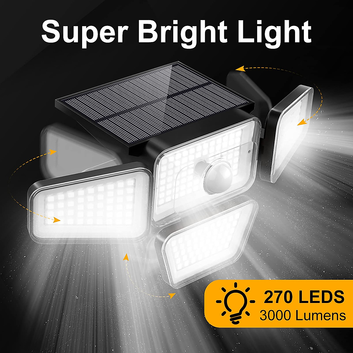 Solar Lights Outdoor, 270 LED 3000LM Motion Sensor Light, IP65 Waterproof 4 Heads 3 Modes 330°Wide Angle 6500K Solar Powered Security LED Wireless Flood Lights Luces Solares para Exteriores (2 Pack)