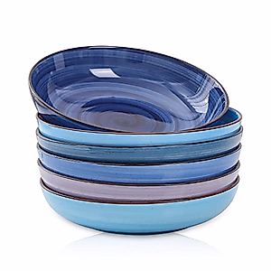 Selamica Porcelain 26 Ounce Salad Pasta Bowls, 8 inch Wide and Shallow Serving bowls, Microwave & Dishwasher Safe, Sturdy & Stackable, Set of 6, Gradient Blue
