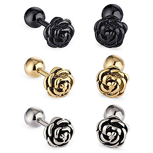 Cottvott Flowers Surgical Steel Earrings Studs for Womens Gold Black (18G(1mm) post,Mix Color)