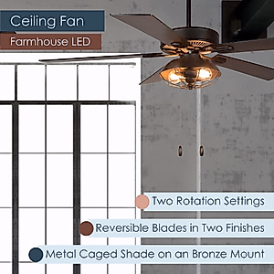 RIVER OF GOODS Farmhouse LED Ceiling Fan - 52" L x 52" W - Metal Caged Fixture - Rich Barnwood/Light Driftwood Fan Blades