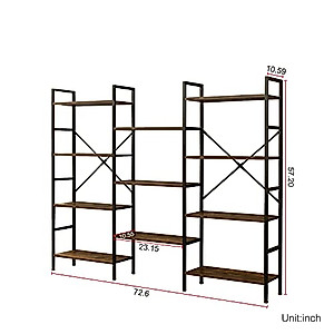 Boloni Triple Bookshelf, Bookcase with 11 Open Platforms, Large Etagere Wood Bookcase with Metal Frame for Living Room, Bedroom, Brown