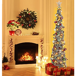 2Pcs Pop Up Christmas Tree with 50 Warm Lights 3D Topper Star - Collapsible Glitter Tinsel Artificial Christmas Pencil Trees Holiday Xmas Decoration for Indoor Home Office