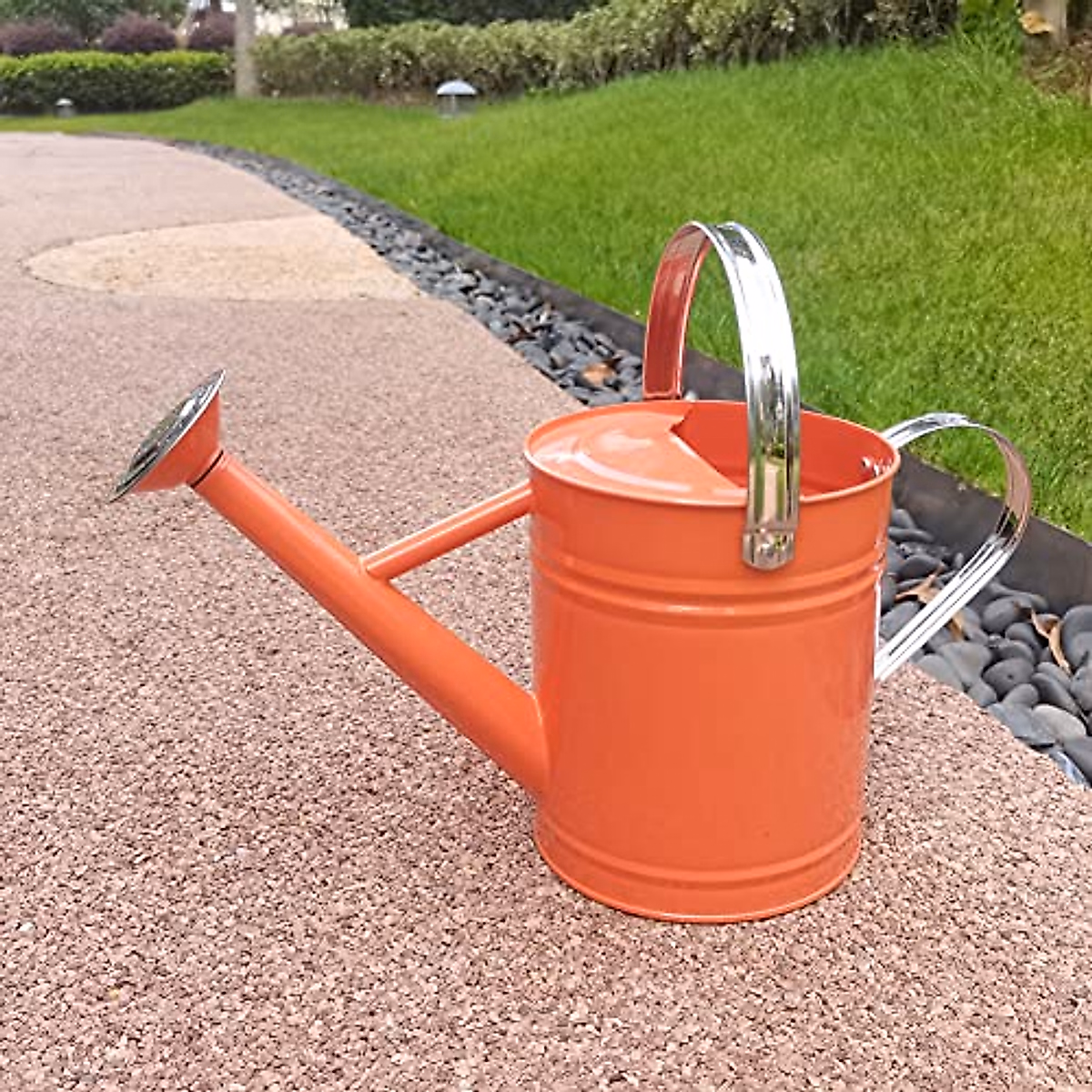 yourjoy Metal Watering Can, One Gallon Watering Cans Stainless Steel Handle for Outdoor Indoor Garden Plants Watering (Flat Handle Orange)