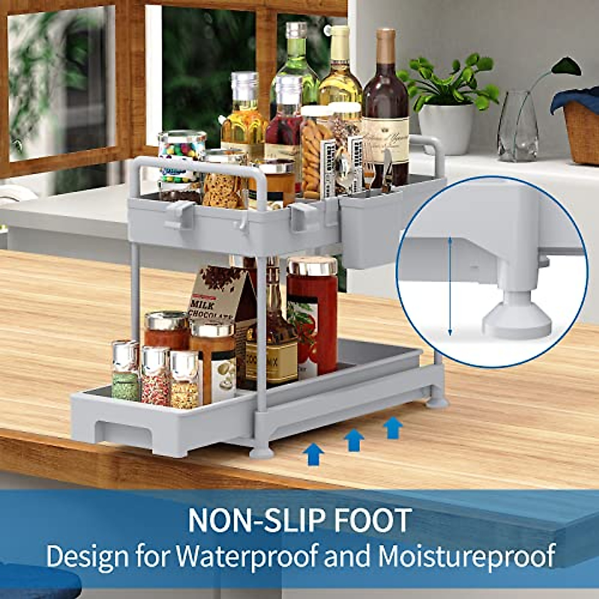 SOLEJAZZ 2-Tier Under Sink Organizer, Sliding Under Bathroom Cabinet Storage Drawer Organizer with Hooks, Hanging Cup, Dividers, Handles, Multi-purpose Under Sink Shelf Organizer, Gray, 2 Pack