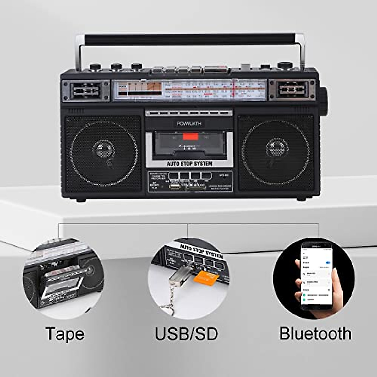 Portable Cassette Player Boombox AM/FM/SW1/SW2 Radio Tape Player Recorder with Bluetooth Microphone