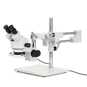 AmScope SM-4BZ-FRL Professional Binocular Stereo Zoom Microscope, WH10x Eyepieces, 3.5X-90X Magnification, 0.7X-4.5X Zoom Objective, 8W Fluorescent Ring Light, Double-Arm Boom Stand, 110V-120V, Includes 0.5x and 2.0x Barlow Lenses