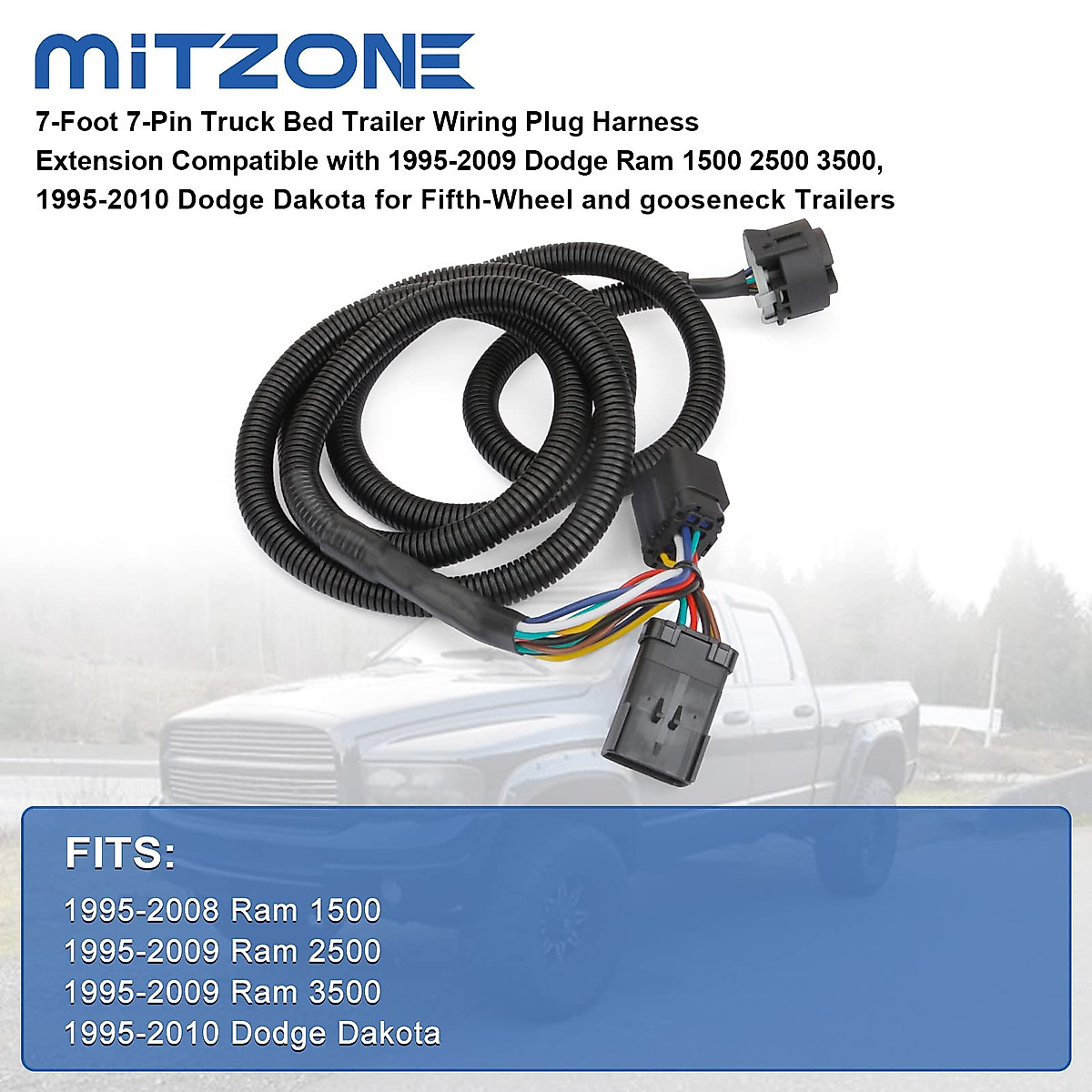 MITZONE 7-Foot 7-Pin Truck Bed Trailer Wiring Plug Harness Extension Compatible with 1995-2009 Dodge Ram 1500 2500 3500, 1995-2010 Dodge Dakota for Fifth-Wheel and gooseneck Trailers